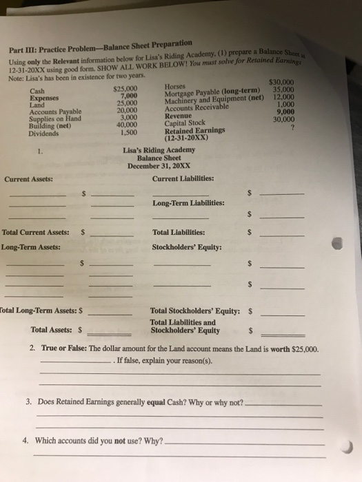 Solved 1,000 Part III: Practice Problem Balance Sheet | Chegg.com
