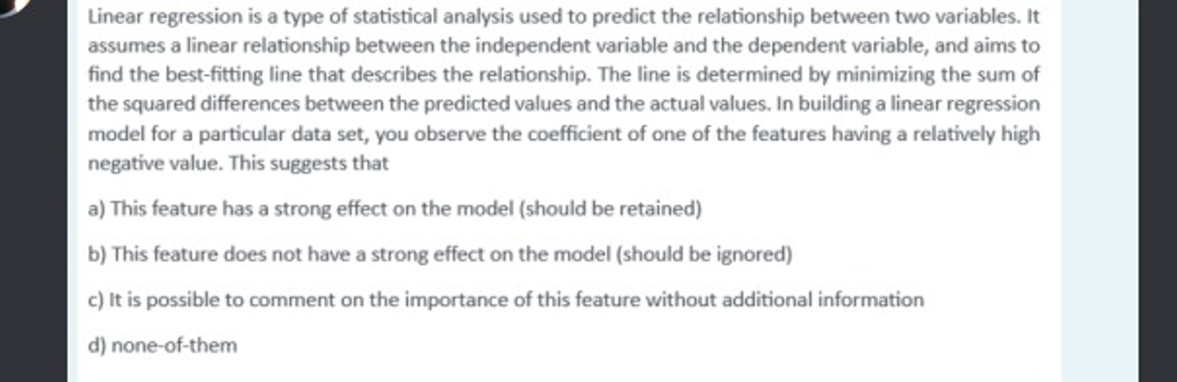 Solved Linear regression is a type of statistical analysis | Chegg.com