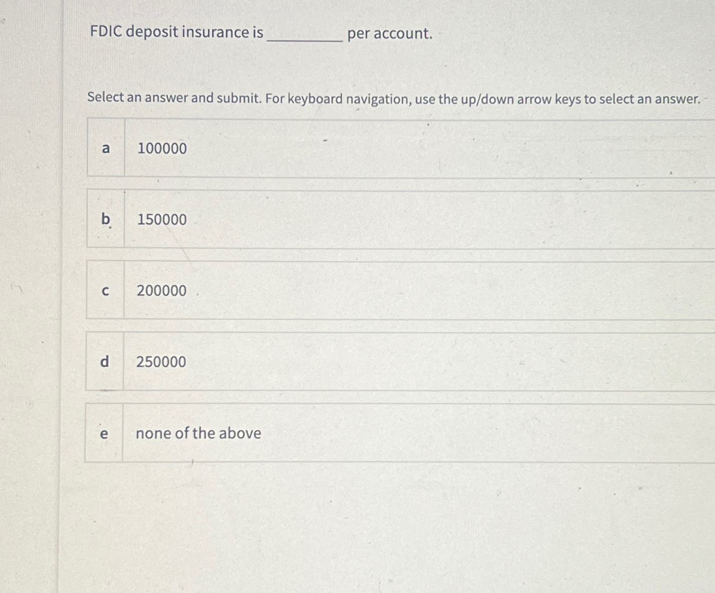 Solved FDIC deposit insurance is ﻿per account.Select an | Chegg.com