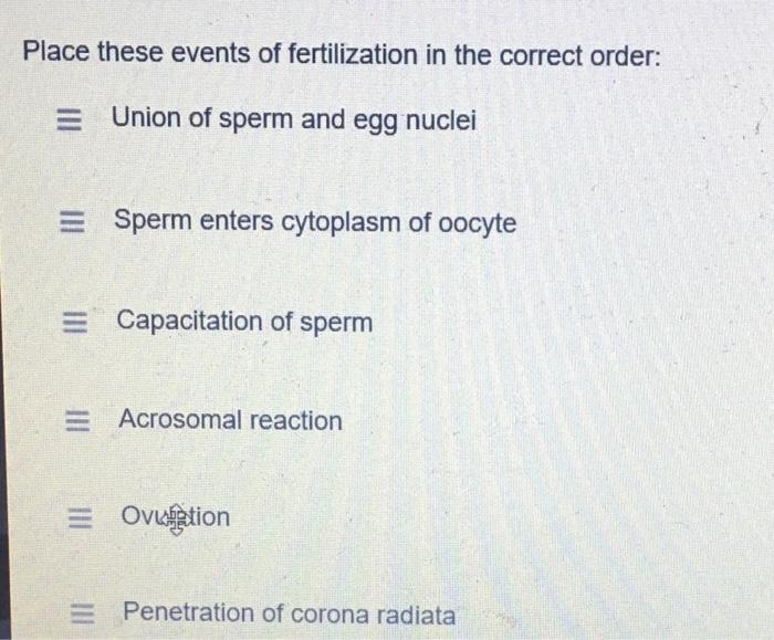 Solved Place These Events Of Fertilization In The Correct