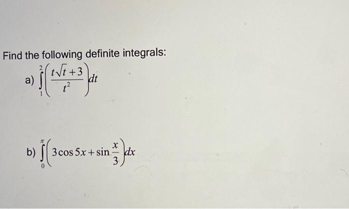 Solved Find the following definite integrals: a) | Chegg.com