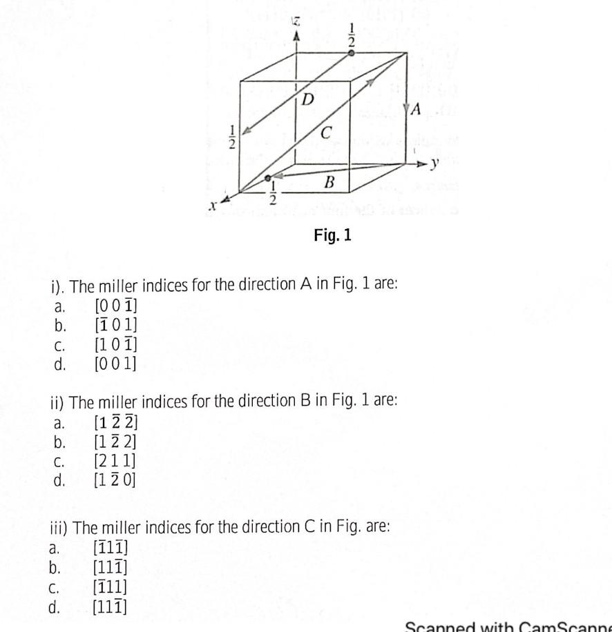 Solved i). The miller indices for the direction A in Fig. 1 | Chegg.com