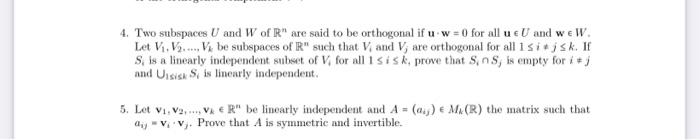 Solved 4. Two subspaces U and W of Rn are said to be | Chegg.com