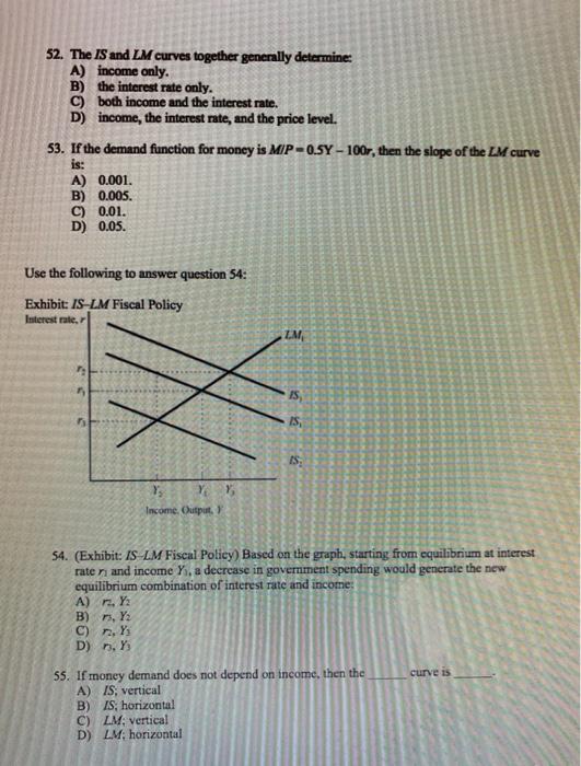 Solved 52. The IS and LM curves together generally | Chegg.com