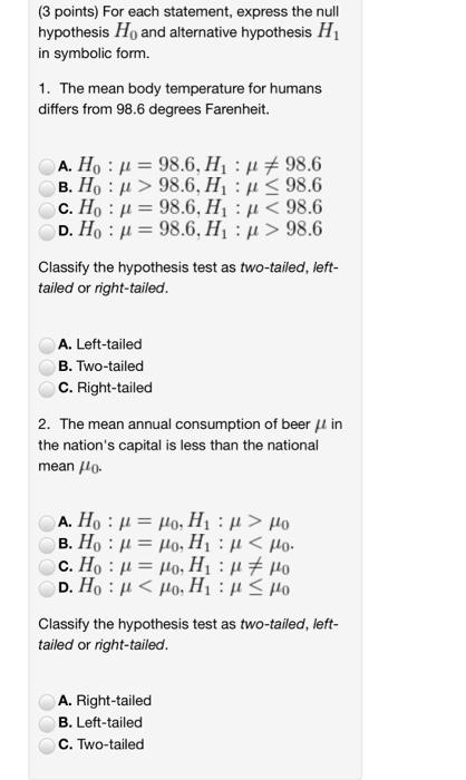 Solved (3 points) For each statement, express the null | Chegg.com