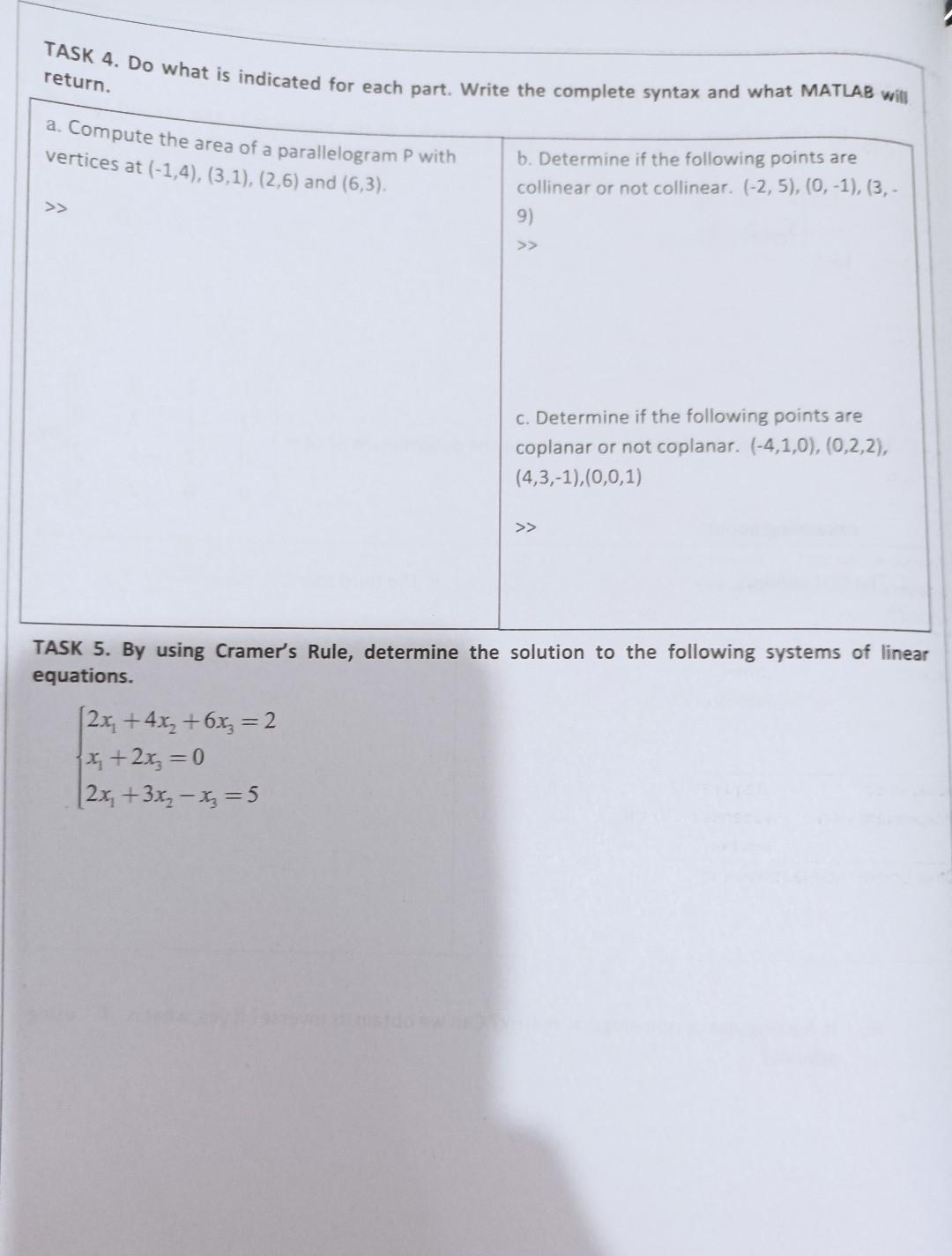 Solved TASK 4. nn TASK 5. By using Cramer's Rule, determine | Chegg.com
