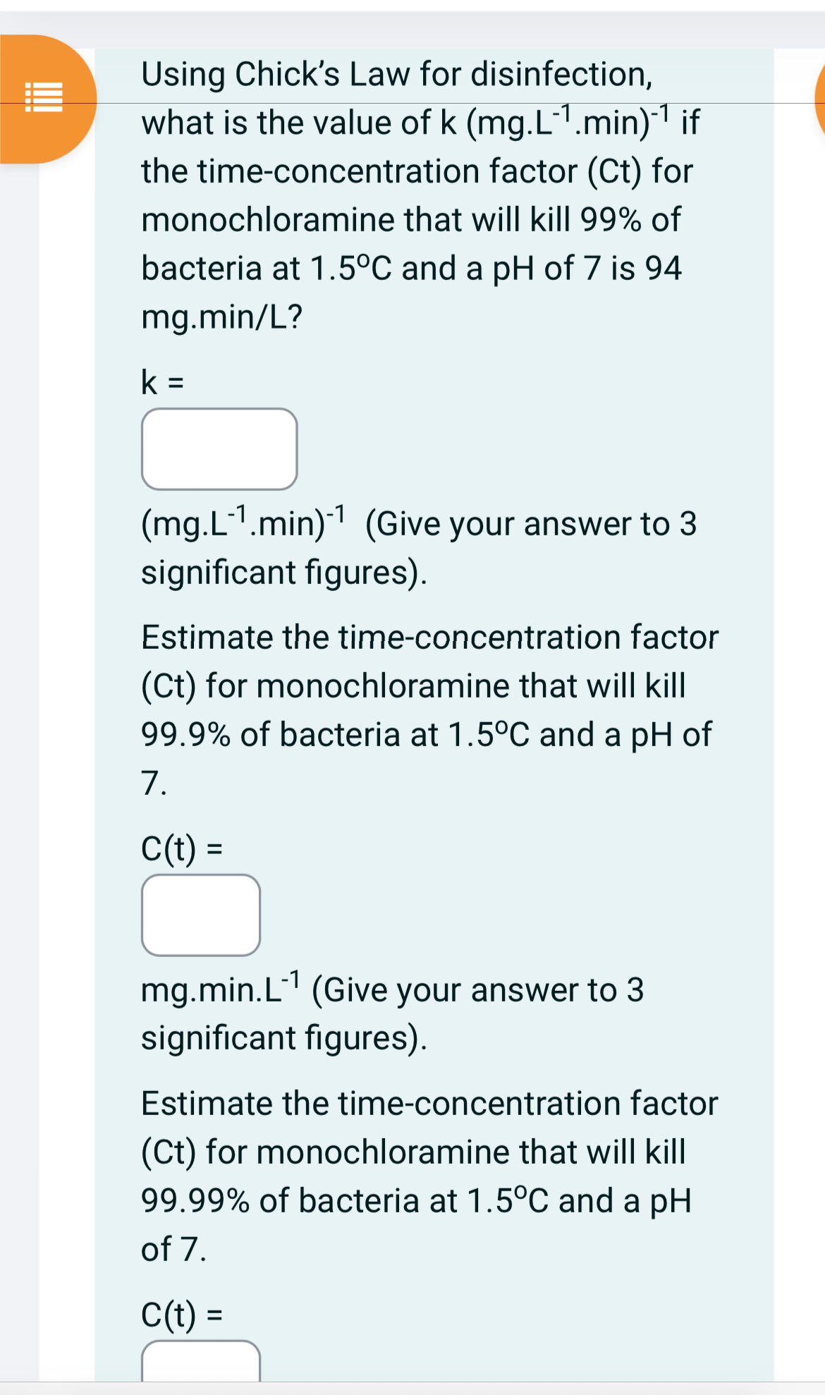 Solved Using Chick's Law for disinfection, what is the value | Chegg.com