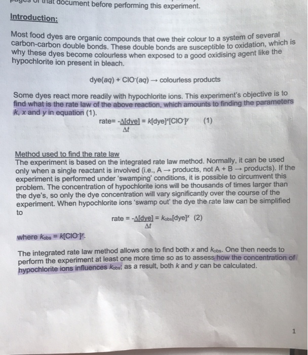 bleaching of blue dye solution. did two trials. found | Chegg.com