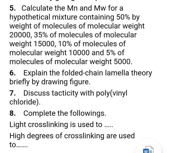 Solved 5. Calculate the Mn and Mw for a hypothetical mixture | Chegg.com