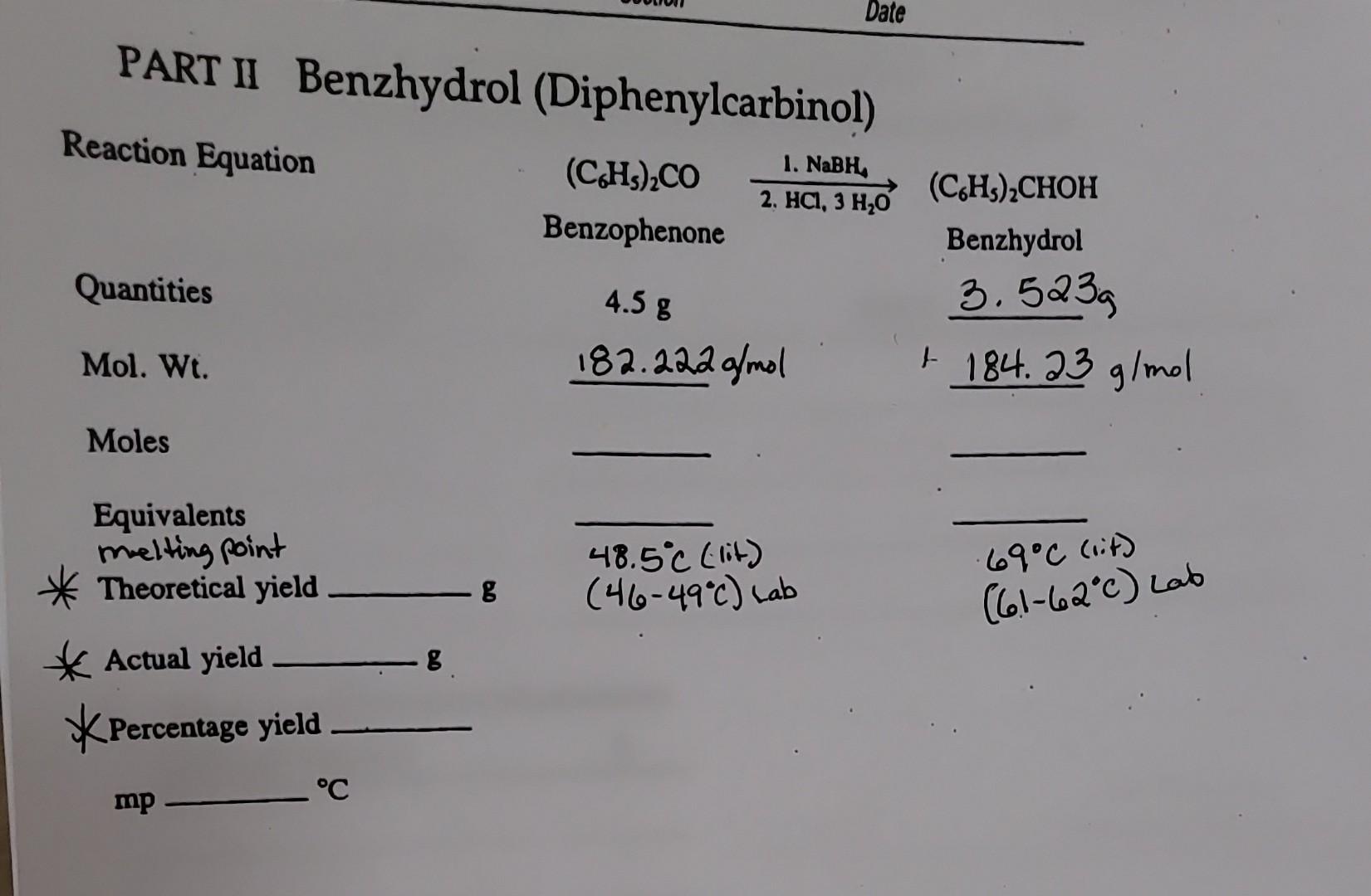 Solved PART II Benzhydrol (Diphenylcarbinol) | Chegg.com
