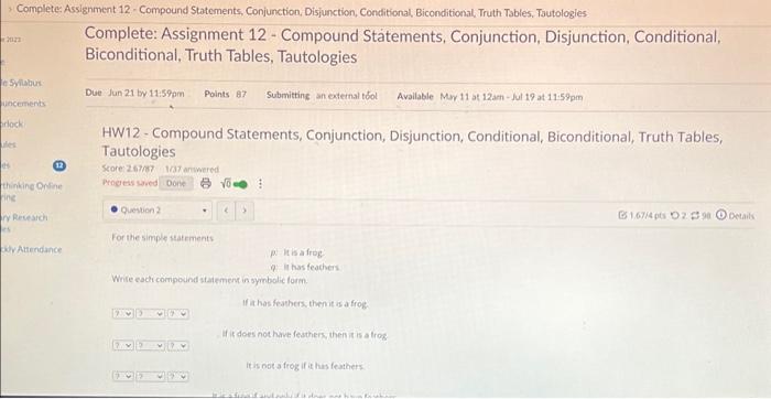 Solved Hw12 Compound Statements Conjunction Disjunction