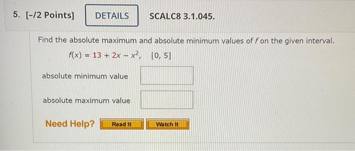 Solved Find the absolute maximum and absolute minimum values | Chegg.com