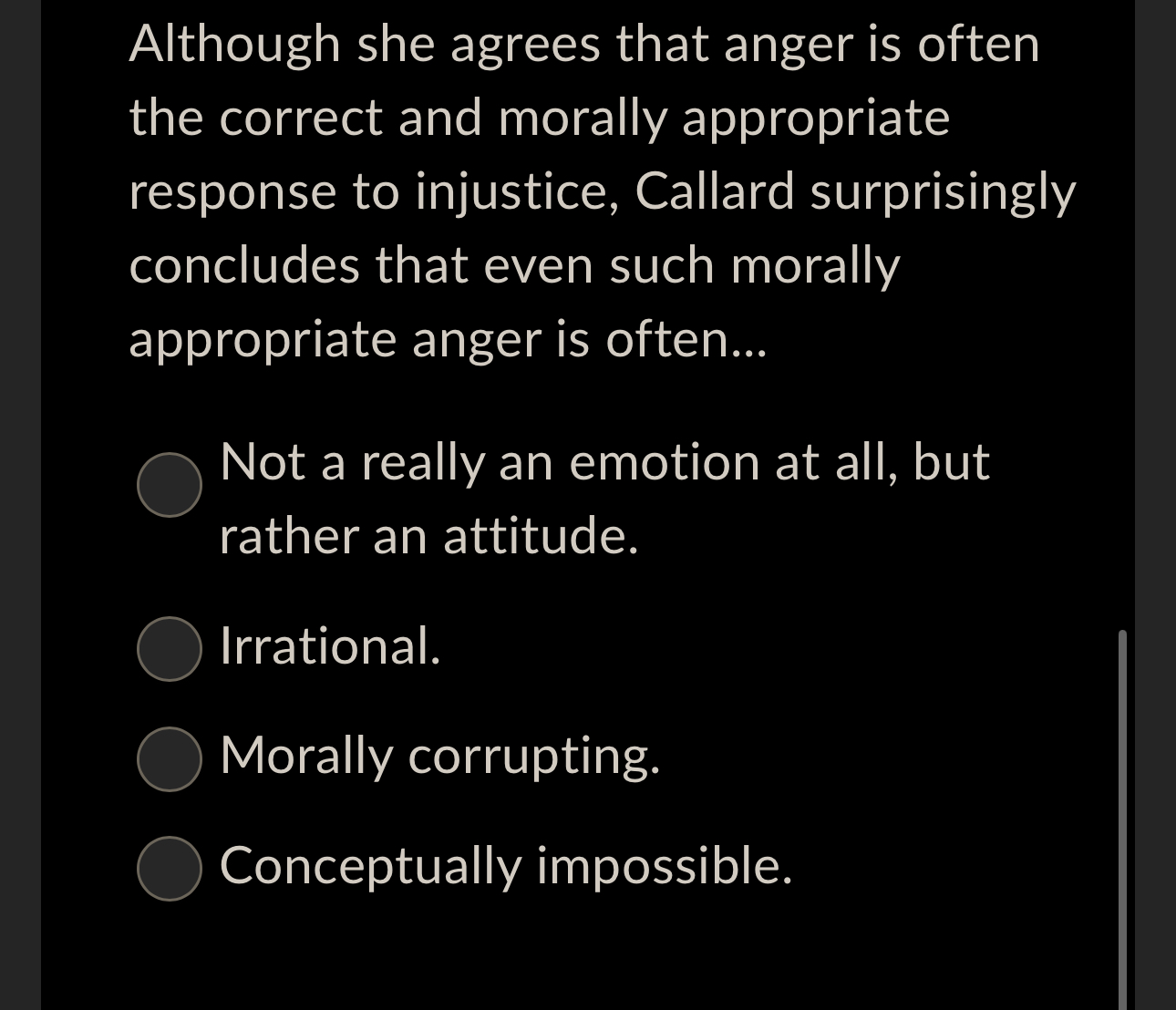 Solved Although she agrees that anger is often the correct | Chegg.com