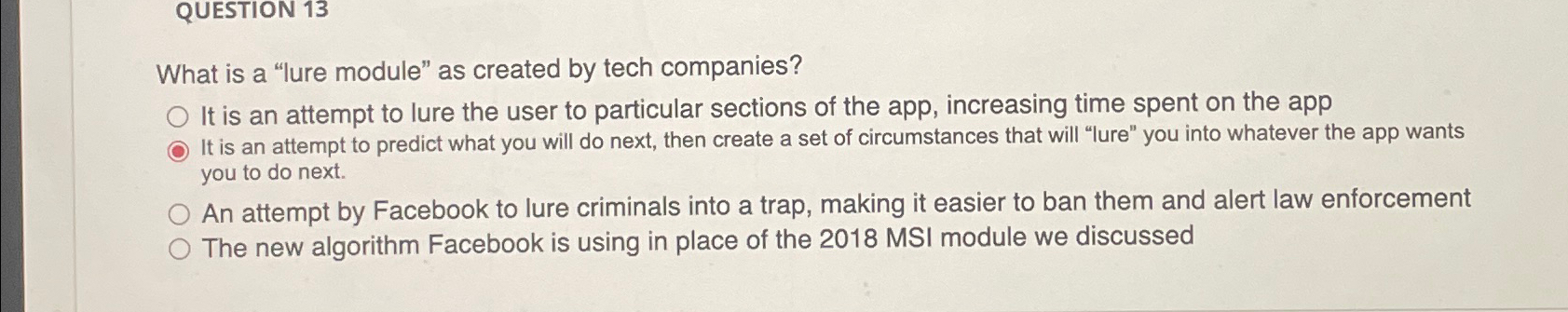 Solved QUESTION 13What is a "lure module" as created by tech | Chegg.com