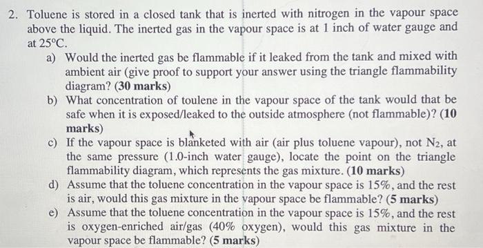 Solved 2. Toluene is stored in a closed tank that is inerted | Chegg.com