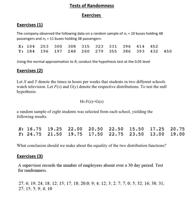 Solved Tests of Randomness Exercises Exercises (1) The | Chegg.com