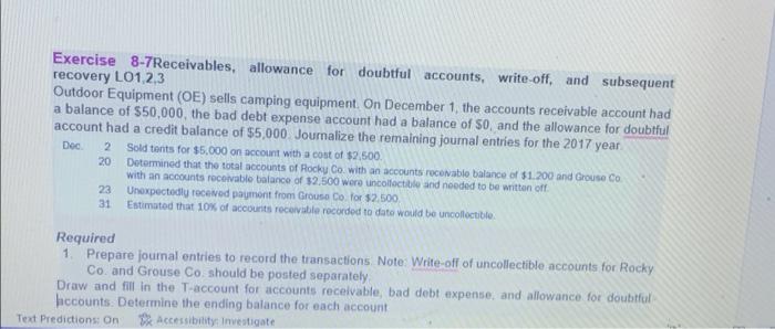 Exercise 8-7Receivables, recovery L01,2,3 allowance | Chegg.com
