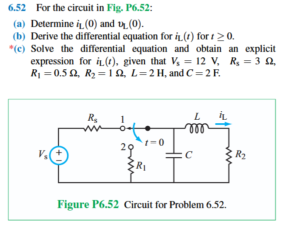 Solved 6.52 ﻿For the circuit in ﻿Fig. P6.52:(a) ﻿Determine | Chegg.com