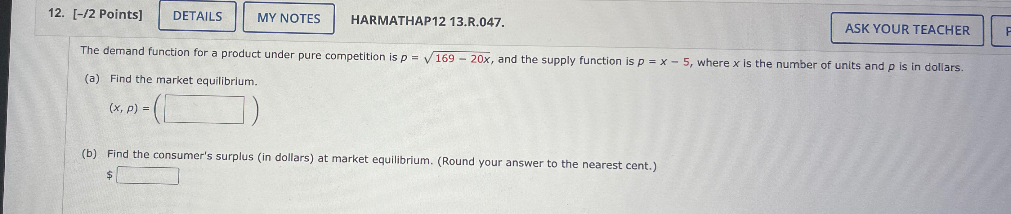 Solved [-/2 ﻿Points]HARMATHAP12 13.R.047.The demand function | Chegg.com