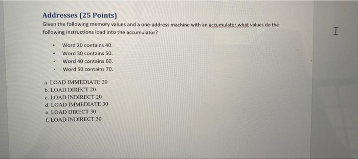 Solved I Addresses (25 Points) Given the following memory | Chegg.com