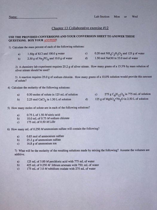 Solved Name: Lab Section Mon or Wed Chapter 13 Collaborative | Chegg.com