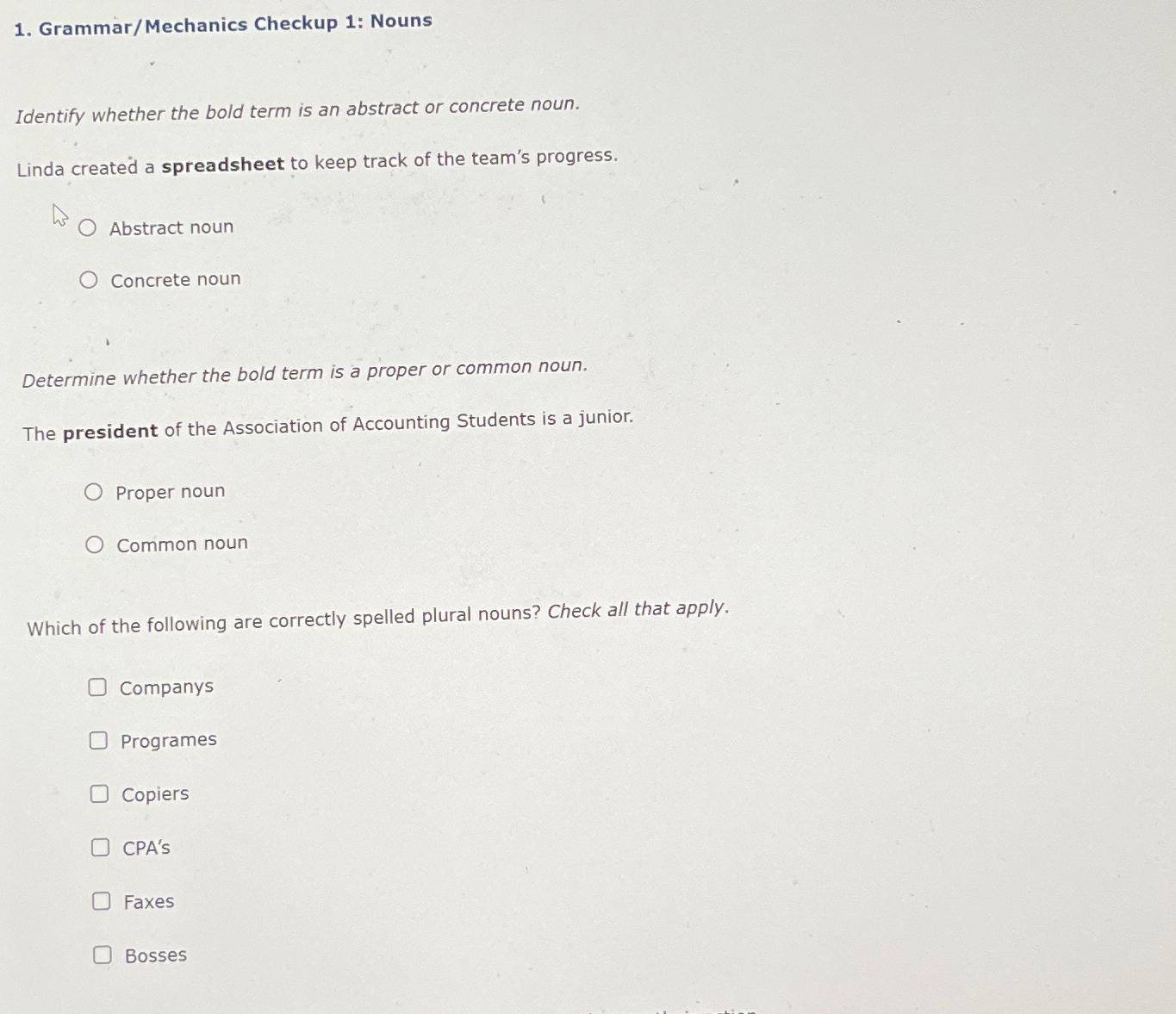 Solved Grammar/Mechanics Checkup 1: NounsIdentify whether | Chegg.com