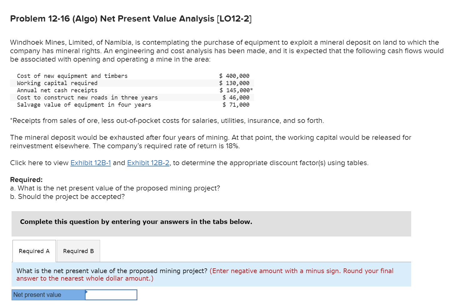 Solved Problem 12-16 (Algo) ﻿Net Present Value Analysis | Chegg.com