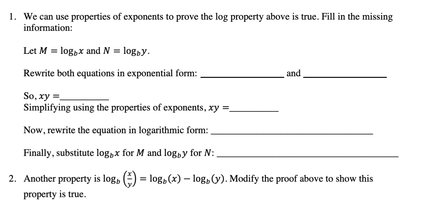 Solved We can use properties of exponents to prove the log | Chegg.com