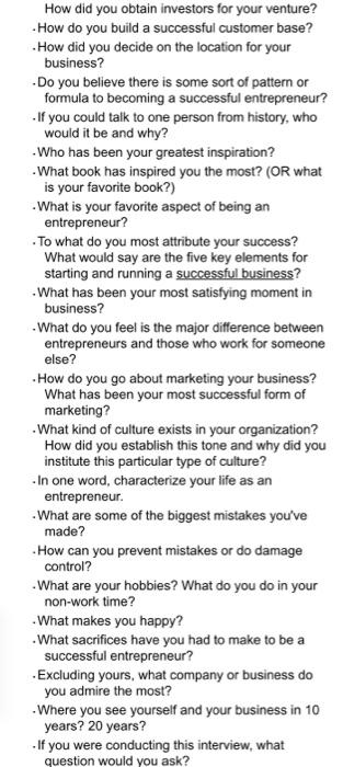 Interview of an Entrepreneur Interview an | Chegg.com