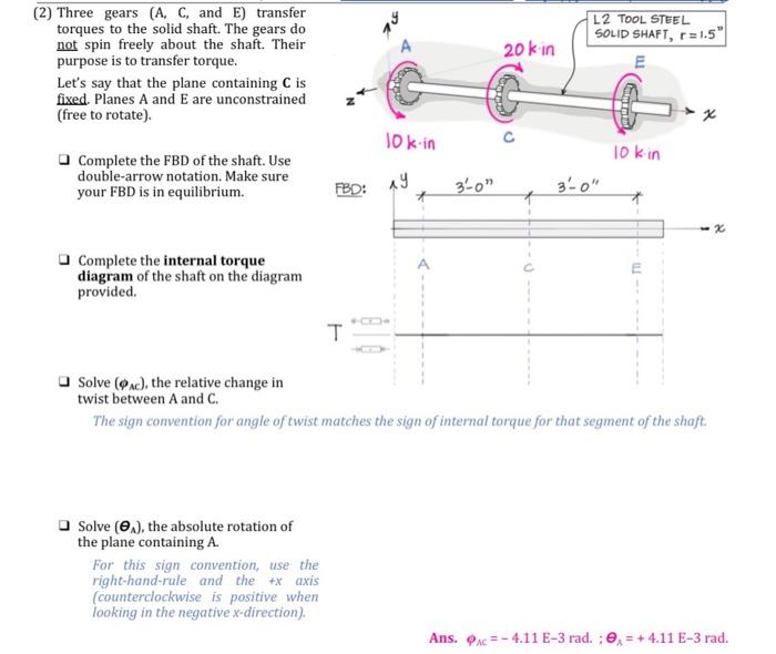 Solved (2) Three gears (A,C, and E) transfer torques to the | Chegg.com