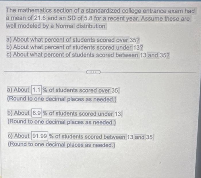 Solved The mathematics section of a standardized college | Chegg.com