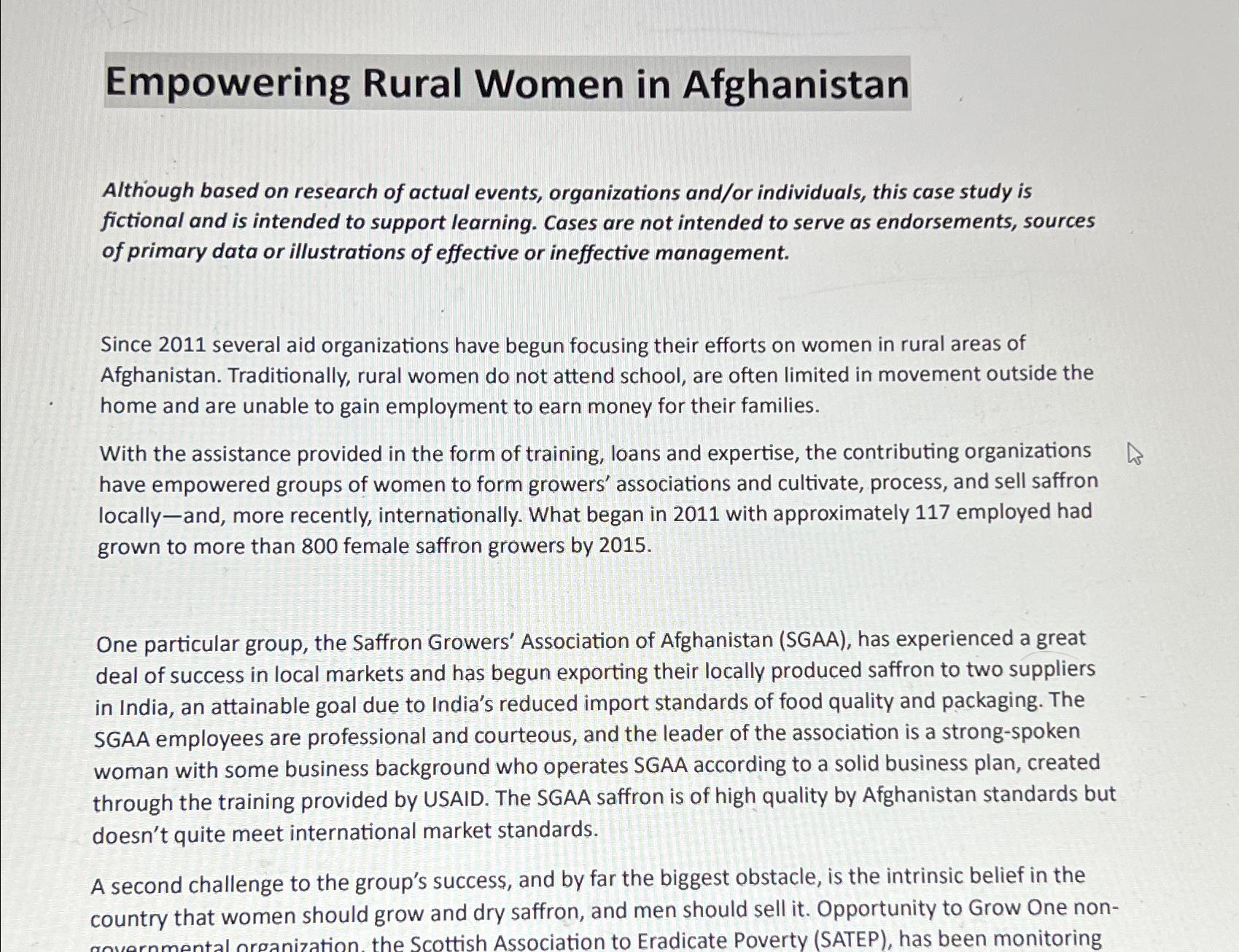 Solved Empowering Rural Women in AfghanistanAlthough based | Chegg.com