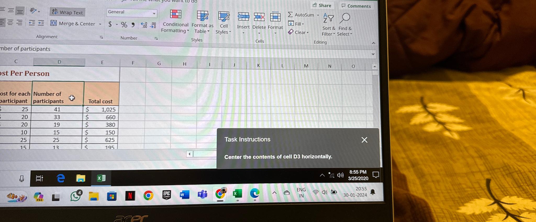 Solved Centre the contents of cell d3 ﻿horizontally | Chegg.com