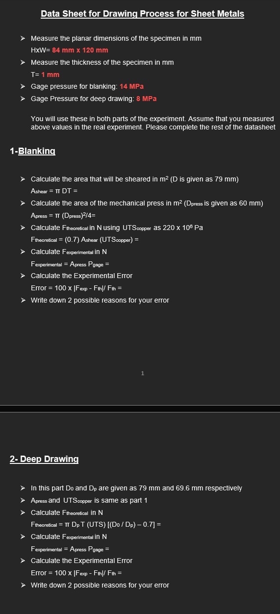 Solved Data Sheet for Drawing Process for Sheet Metals> | Chegg.com