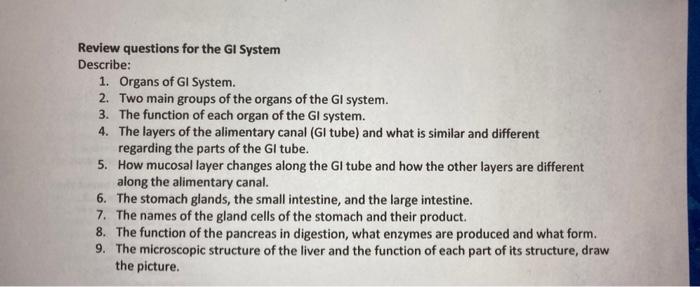 Solved Review questions for the GI System Describe: 1. | Chegg.com