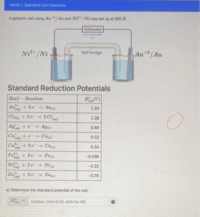 Solved A galvanic cell using Au+3/Au and Ni2+/Ni was set up | Chegg.com