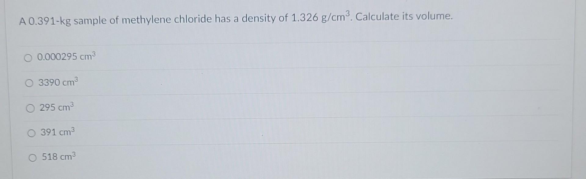 Solved A 0.391−kg sample of methylene chloride has a density | Chegg.com