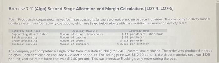 Solved Exercise 7-11 (Algo) Second-Stage Allocation and | Chegg.com