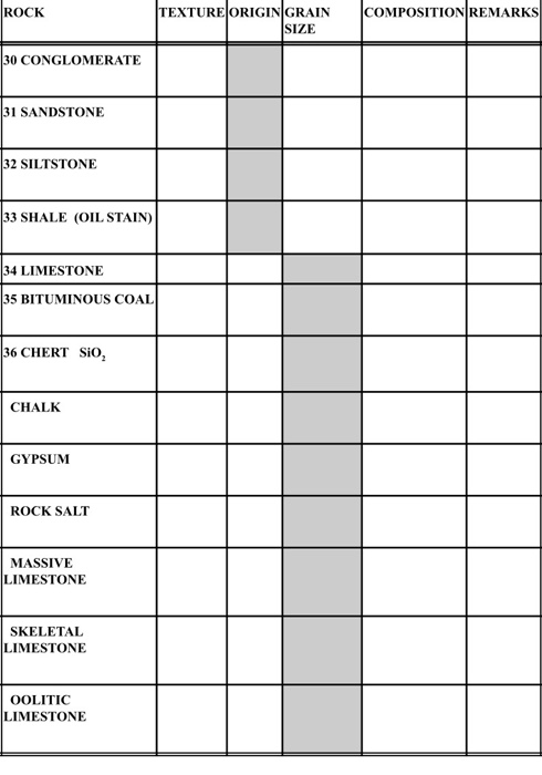 Solved ROCK TEXTURE ORIGIN GRAIN SIZE COMPOSITION REMARKS 30 | Chegg.com