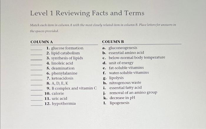 Solved Match each item in column A with the most closely | Chegg.com
