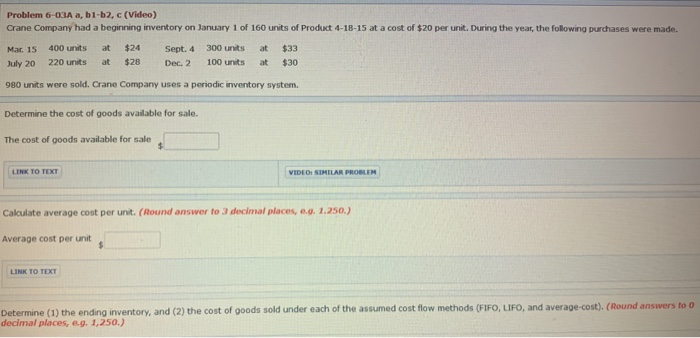 Solved Problem 6-03A a, b1-b2, с (Video) Crane Company had a | Chegg.com
