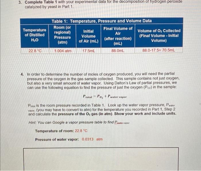 Solved Complete Table 1 with your experimental data for the | Chegg.com