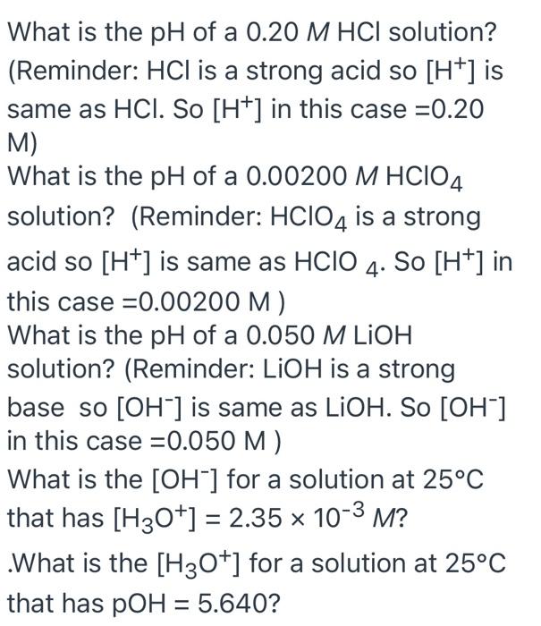 Solved What is the pH of a 0.20 M HCl solution? (Reminder: | Chegg.com