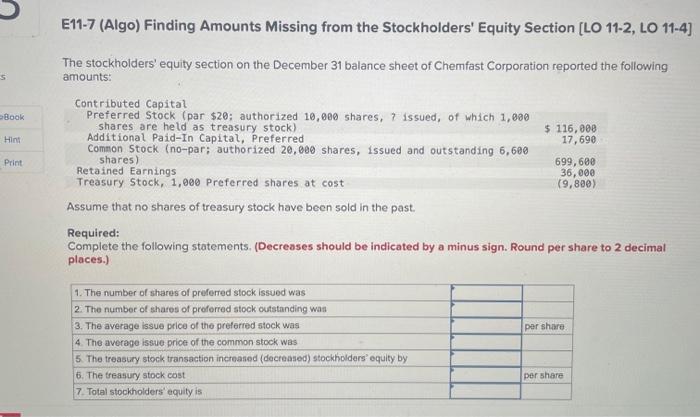 Solved E11-7 (Algo) Finding Amounts Missing from the | Chegg.com