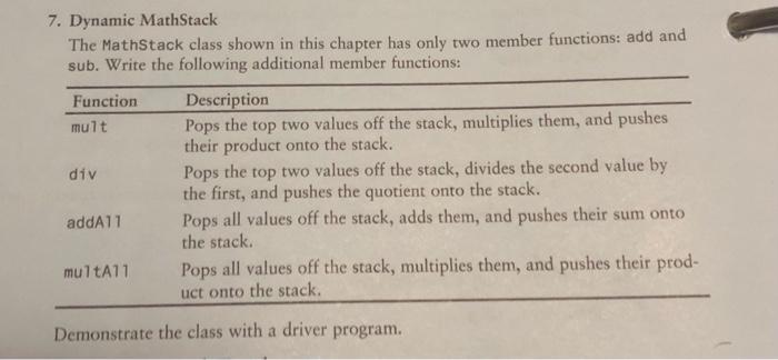 Solved 7. Dynamic MathStack The MathStack class shown in | Chegg.com