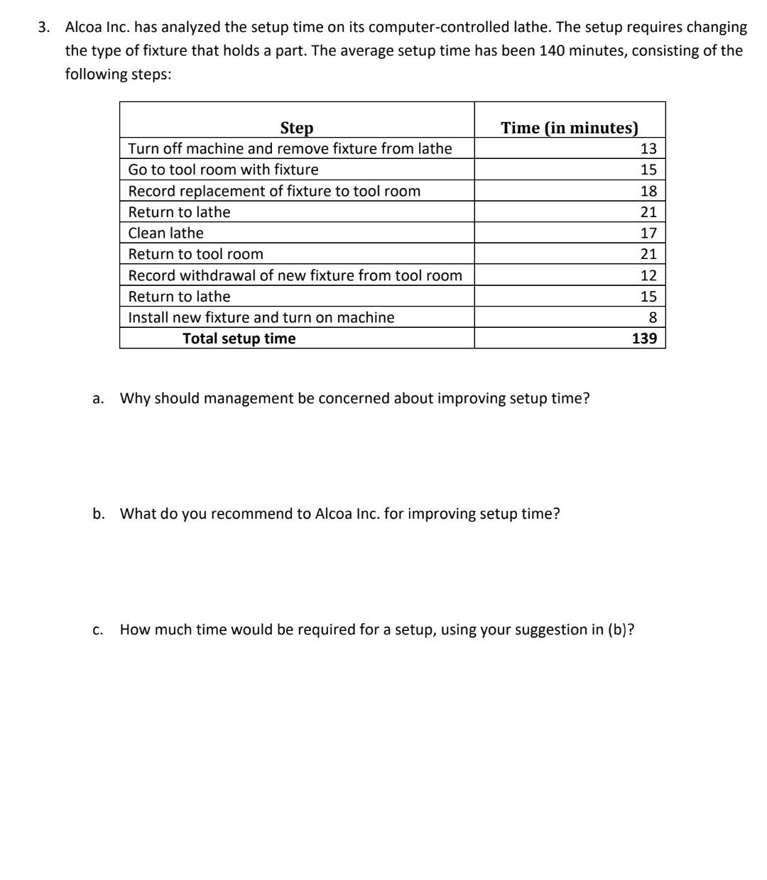 Solved 3. Alcoa Inc. has analyzed the setup time on its | Chegg.com