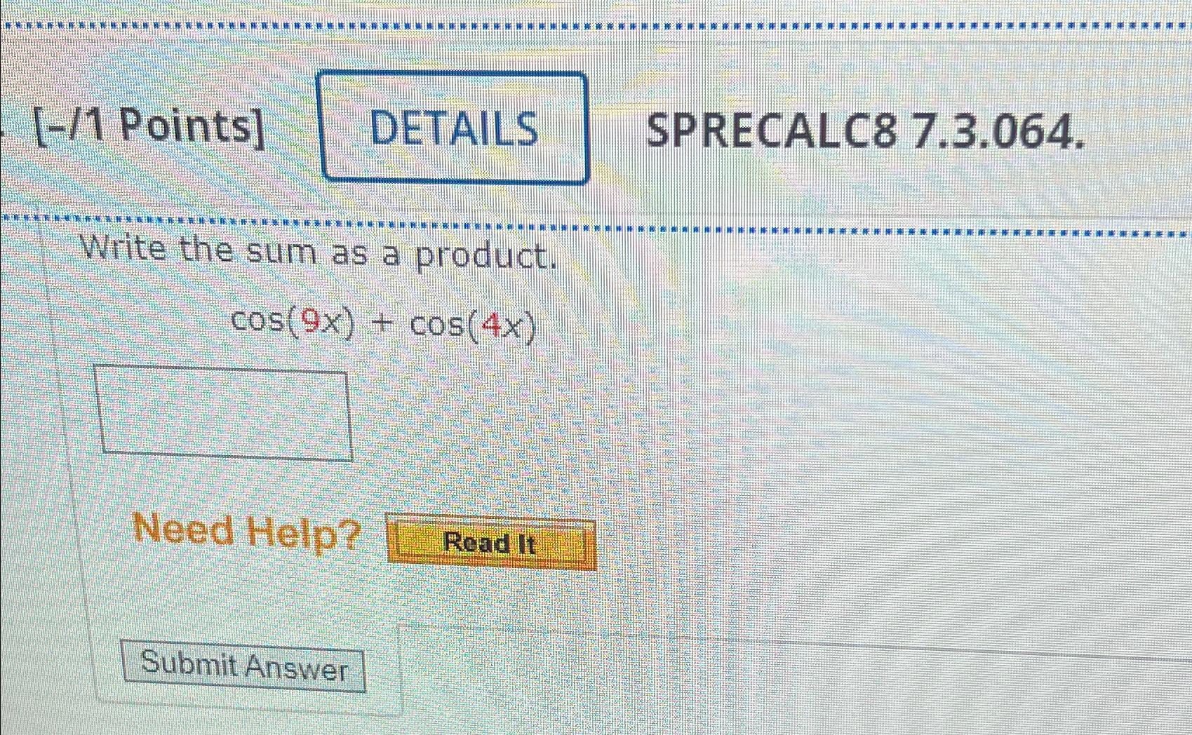 Solved [-/1 ﻿Points]SPRECALC8 7.3.064.Write the sum as a | Chegg.com