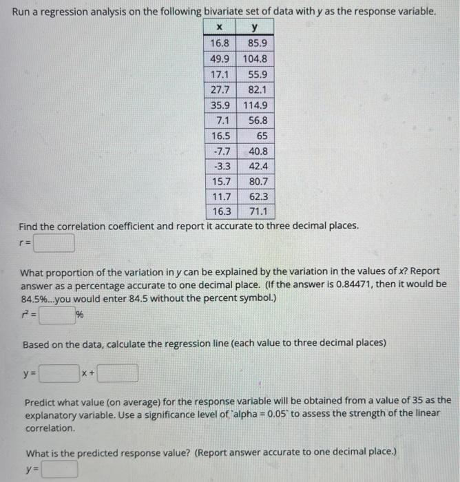 Solved Run A Regression Analysis On The Following Bivariate 