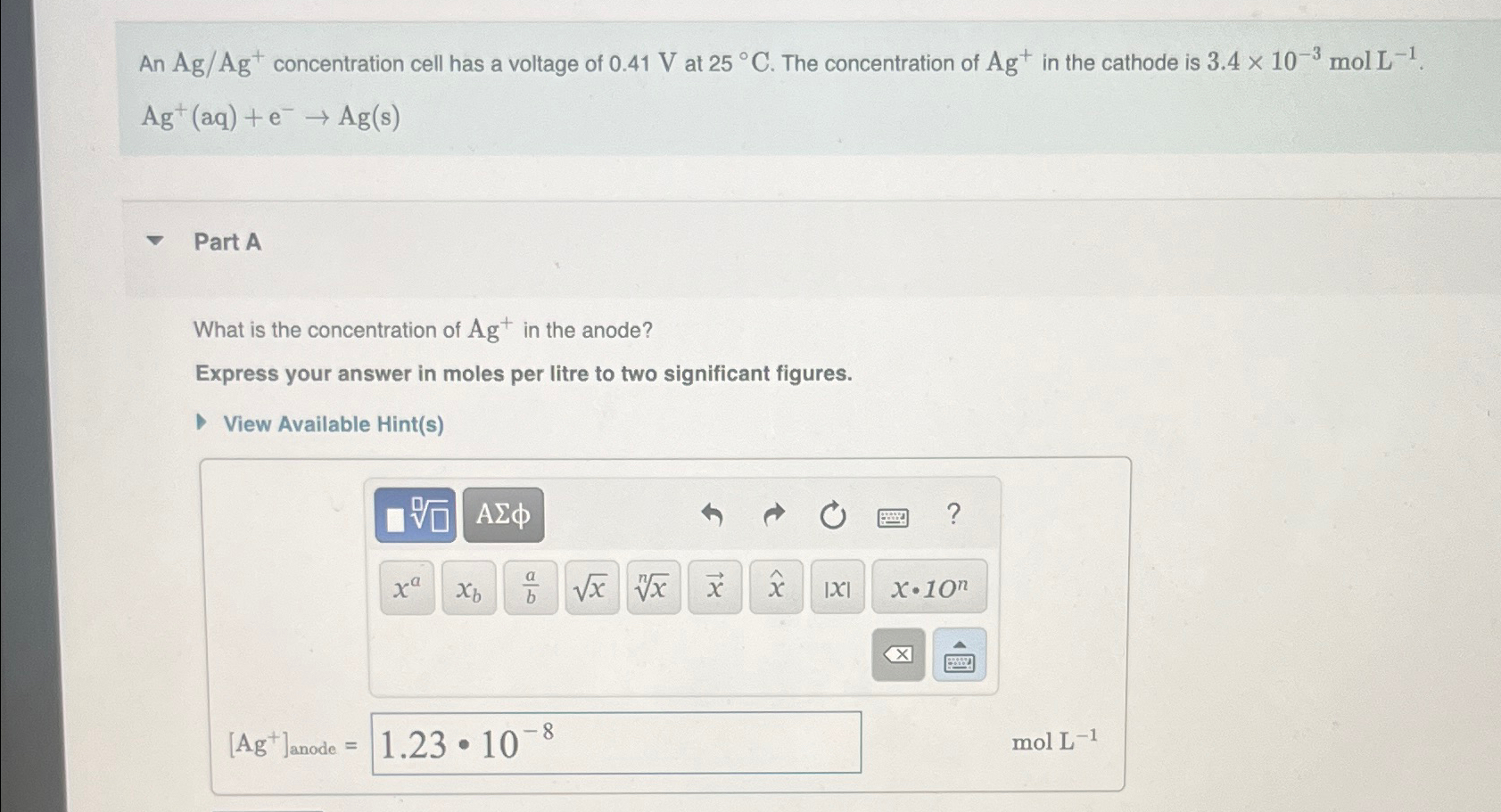 Solved An Ag/Ag+ ﻿ concentration cell has a voltage of 0.16 | Chegg.com