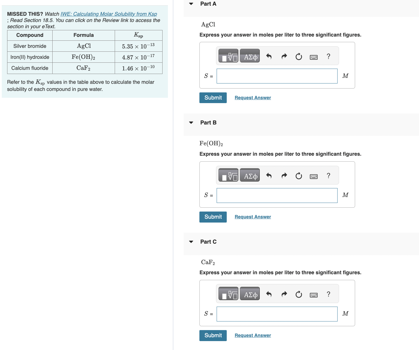 MISSED THIS? Watch IWE: Calculating Molar Solubility | Chegg.com